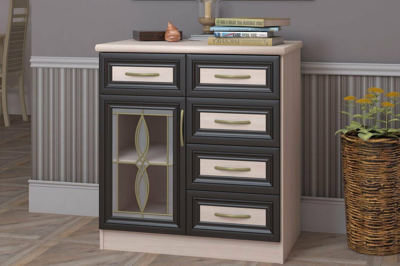 Комод №7 80х50х90 дуб млечный, рамка резная МДФ венге цаво, витражное стекло