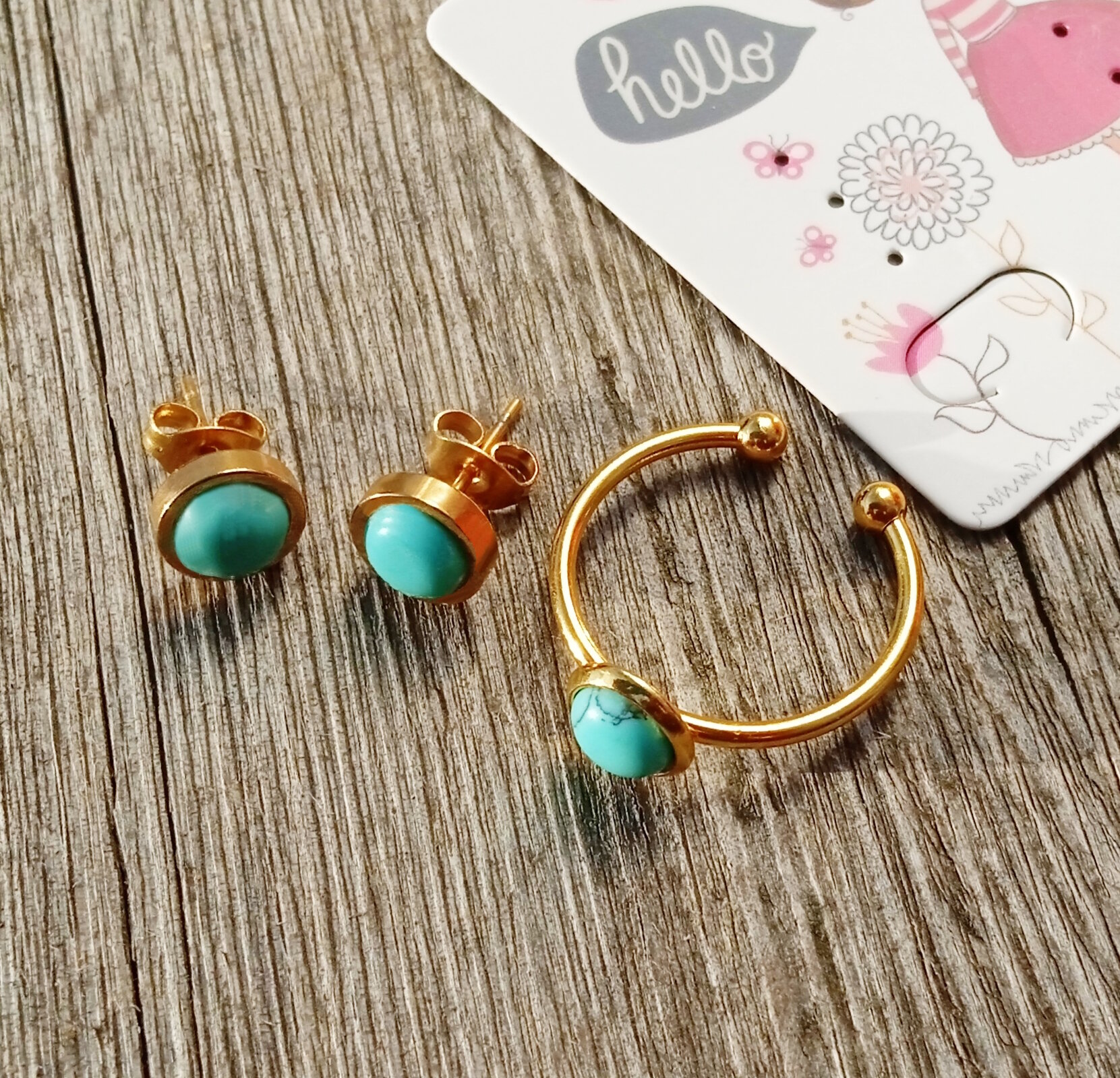 Комплект бижутерии: серьги, кольцо, бирюза