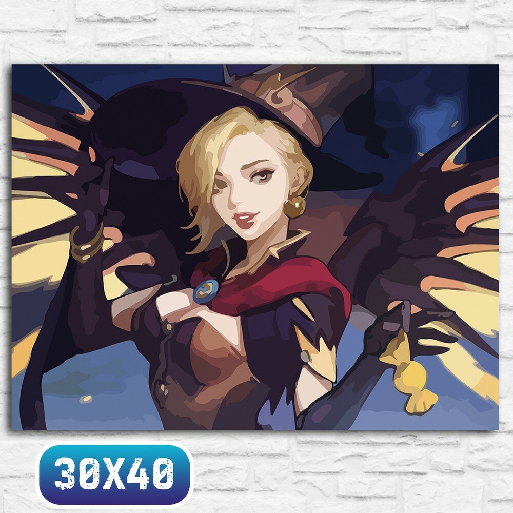 Картина по номерам на холсте осень хэллоуин (овервотч, overwatch, мерси, ангел) - 12536 40х30