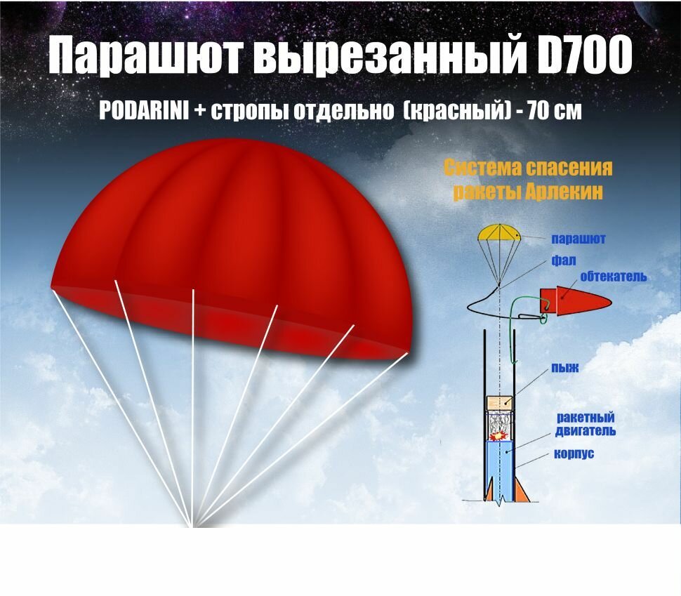 Парашют красный, диаметр 70 см + стропы