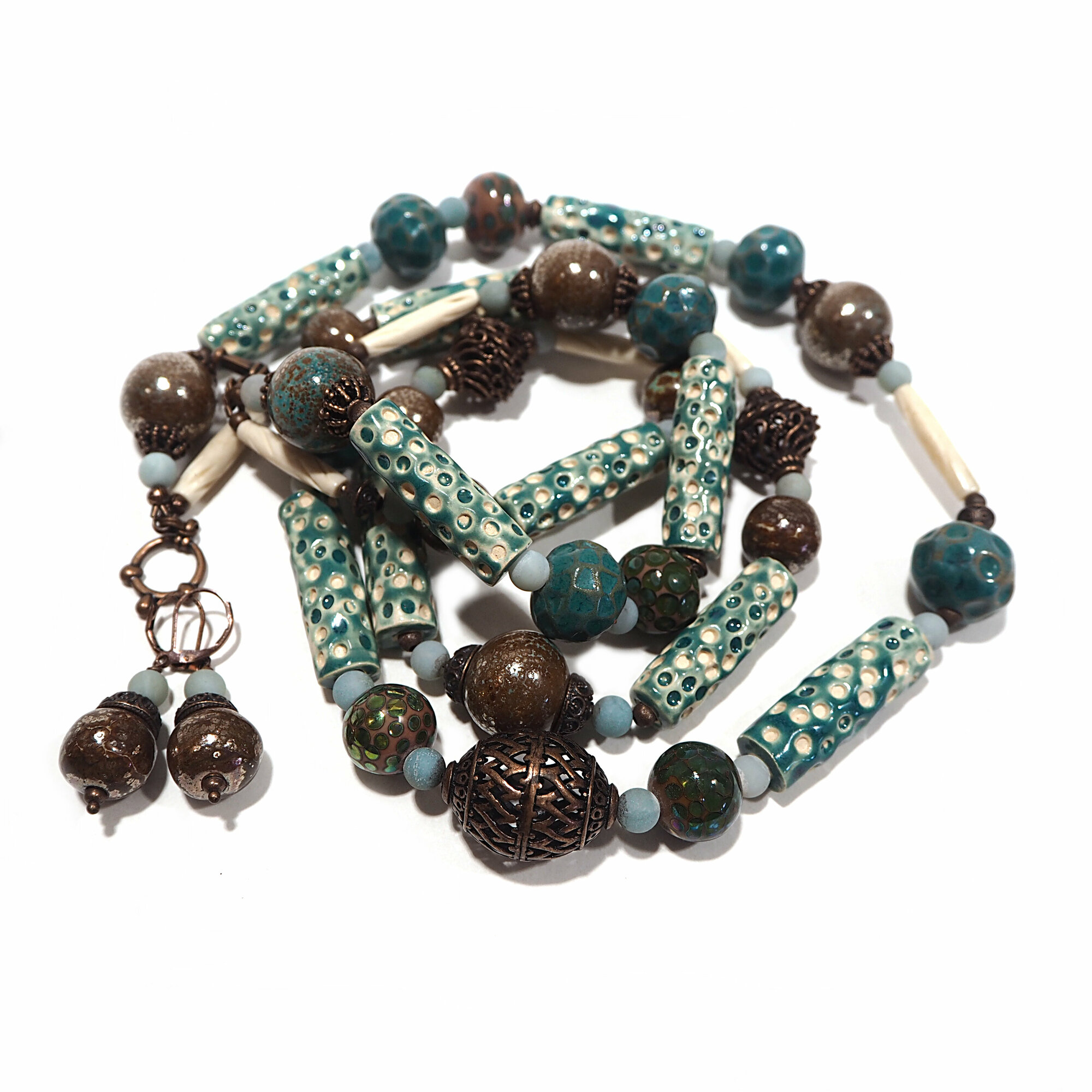 Комплект бижутерии: колье, серьги, металл, амазонит, муранское стекло, натуральная кость, керамика