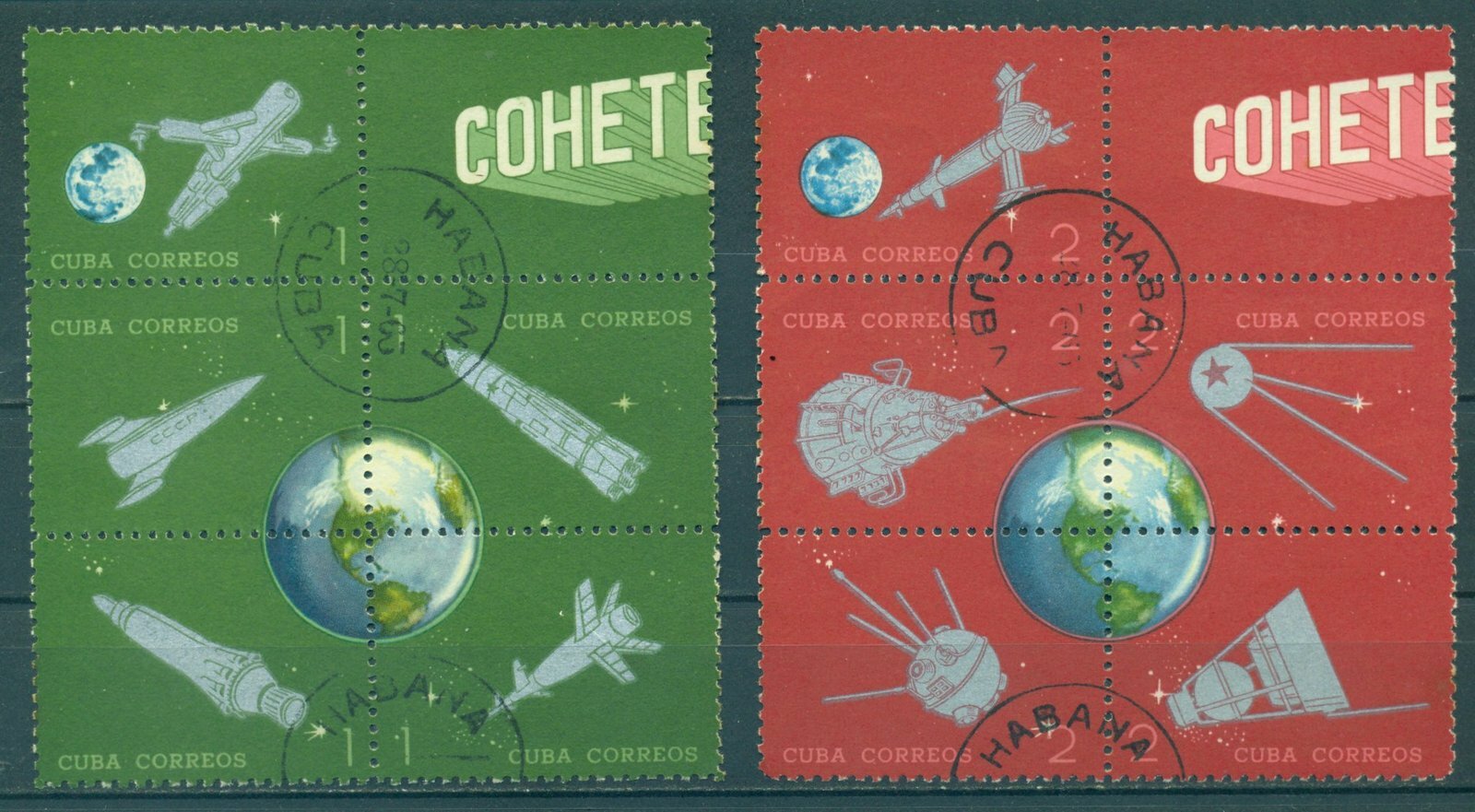 Почтовые марки Куба 1964г. "Кубинский почтовый ракетный эксперимент - 25-летие различных ракет и спутников" Космос, Космические корабли U