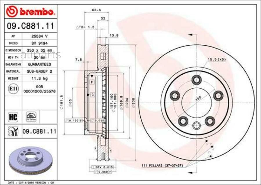 BREMBO 09. C881.11 Диск тормозной передний PORSCHE CAYENNE 02-10 / VW TOUAREG 02-18 BREMBO 09. C881.11