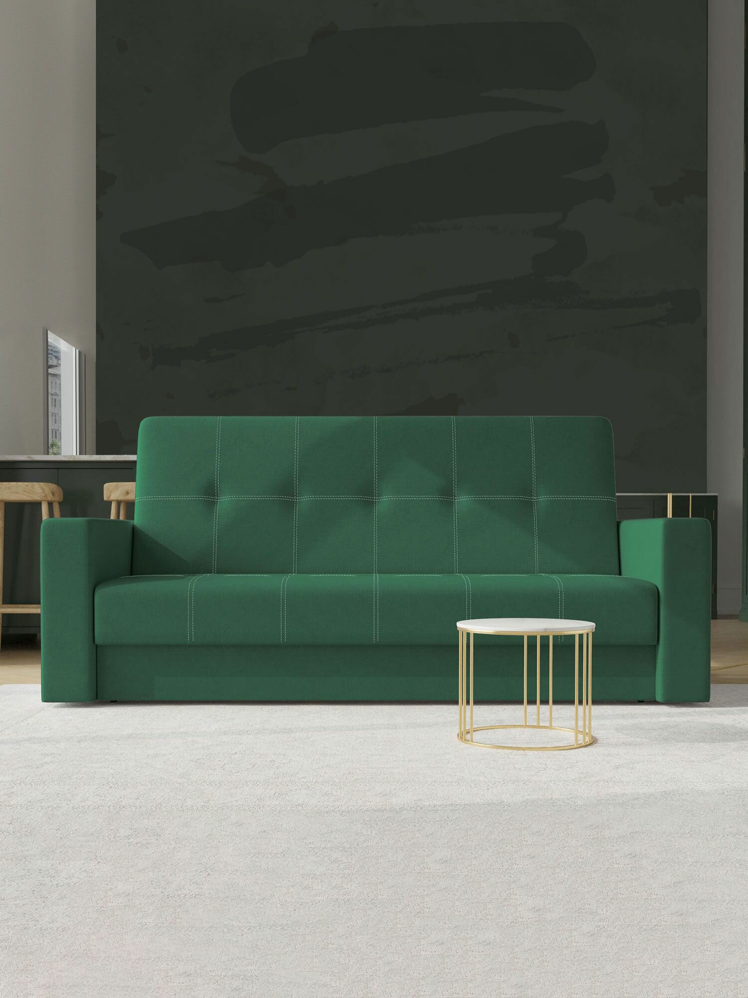 Диван кровать прямой Окси независимый пружинный блок, раскладной, книжка с нулевой стеной, с подлокотниками, с ящиком для белья, 135х195 см спальное место, Зеленый, велюр