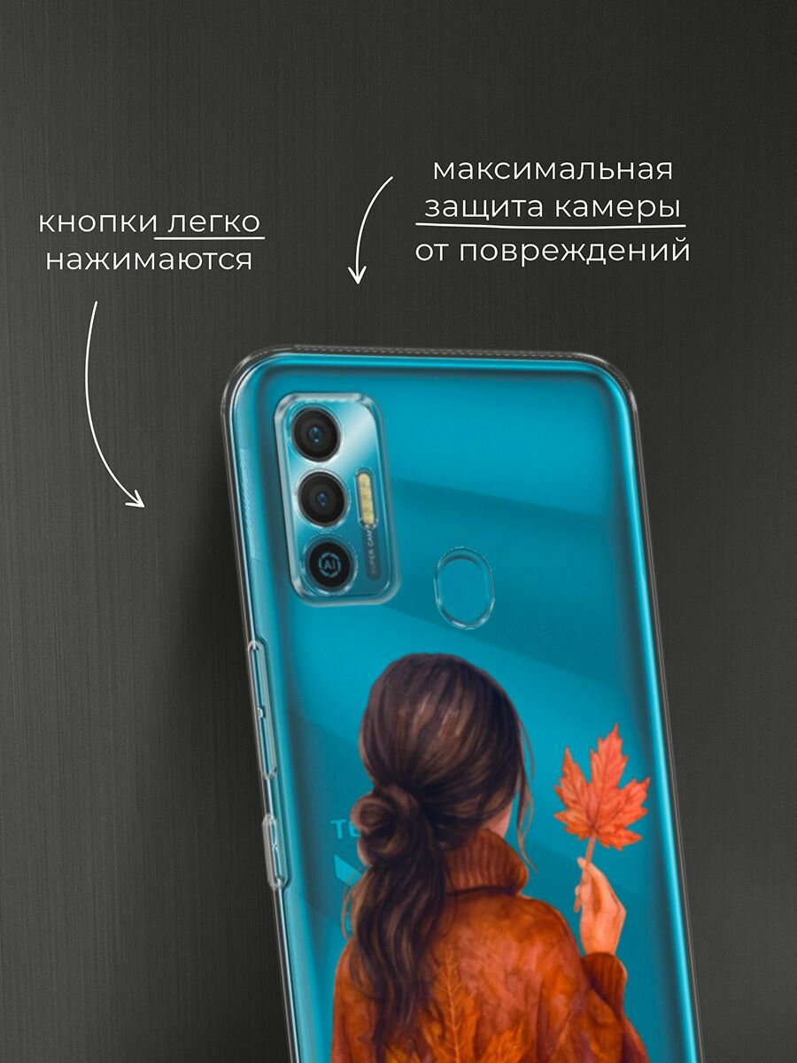 Чехол на Tecno Spark 7 / Техно Спарк 7 с принтом "Девушка с опавшим листом", прозрачный — фото 1