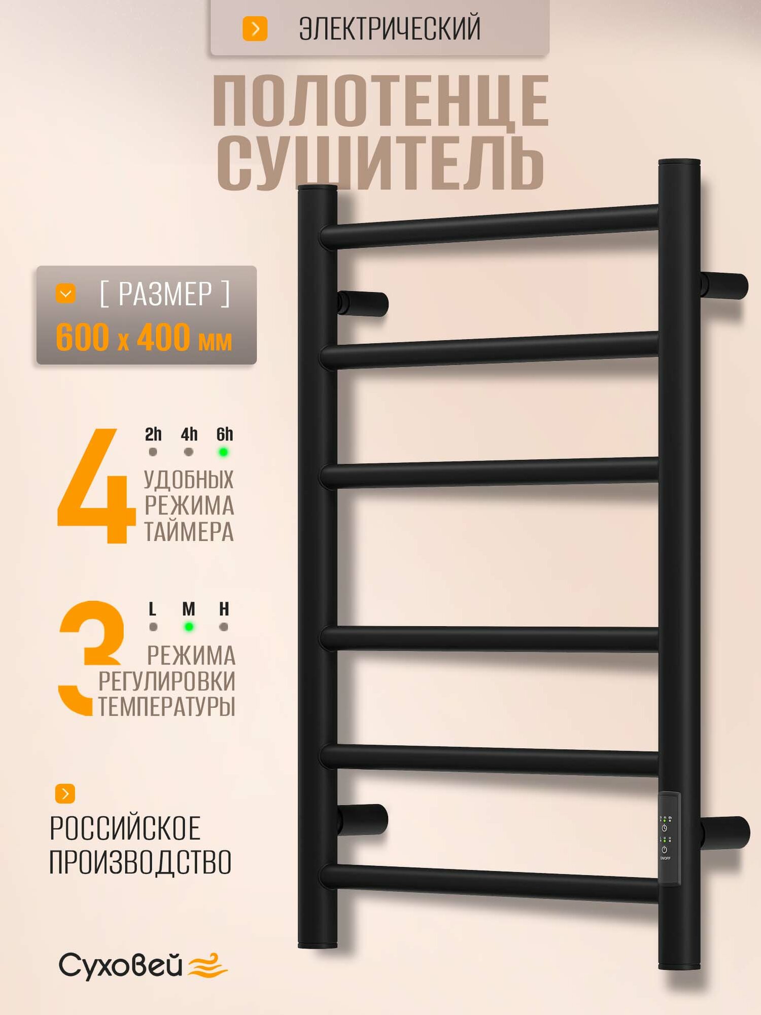 Полотенцесушитель электрический Суховей Стиль SST64001BM 60x40 см, черный матовый / Сушилка для полотенец в ванную, лесенка с терморегулятором