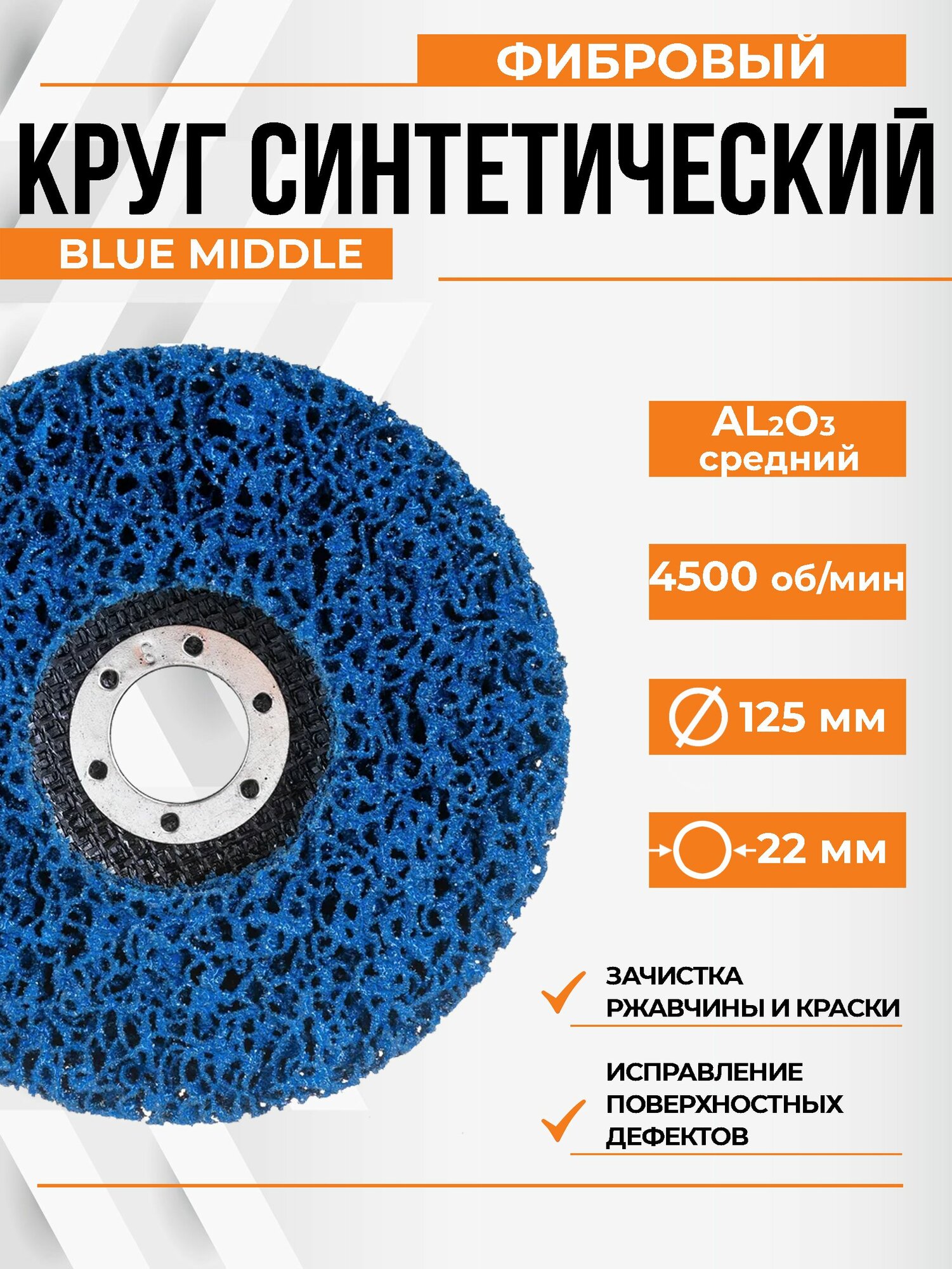 Круг синтетический фибровый, для УШМ, 125мм, посадочный диаметр 22мм, 1 шт, голубой