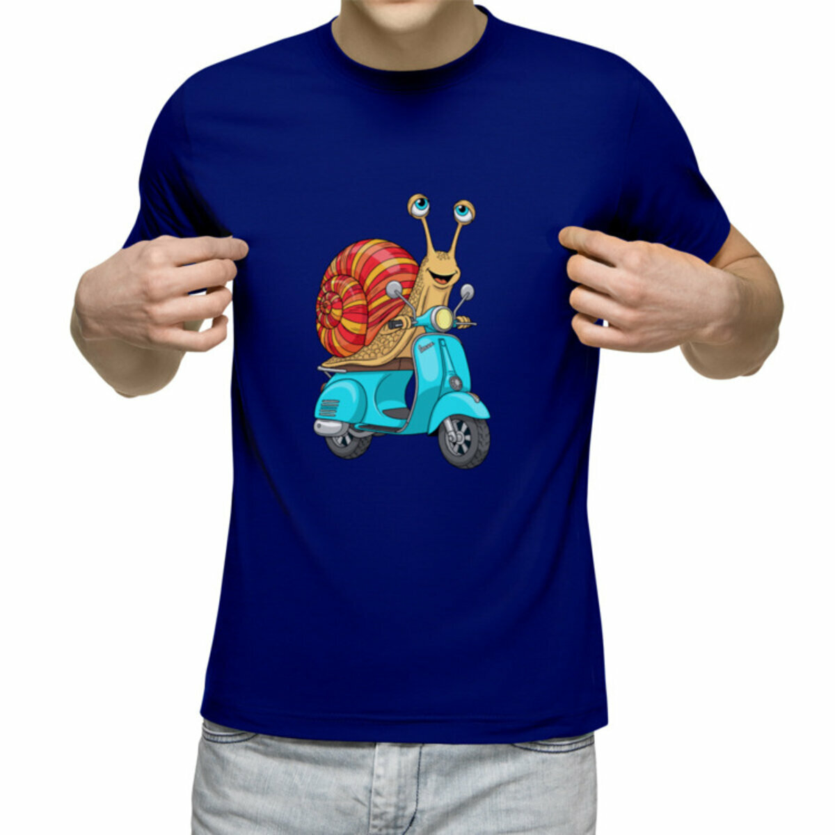 Мужская футболка «Улитка на скутере» (синий, 2XL)