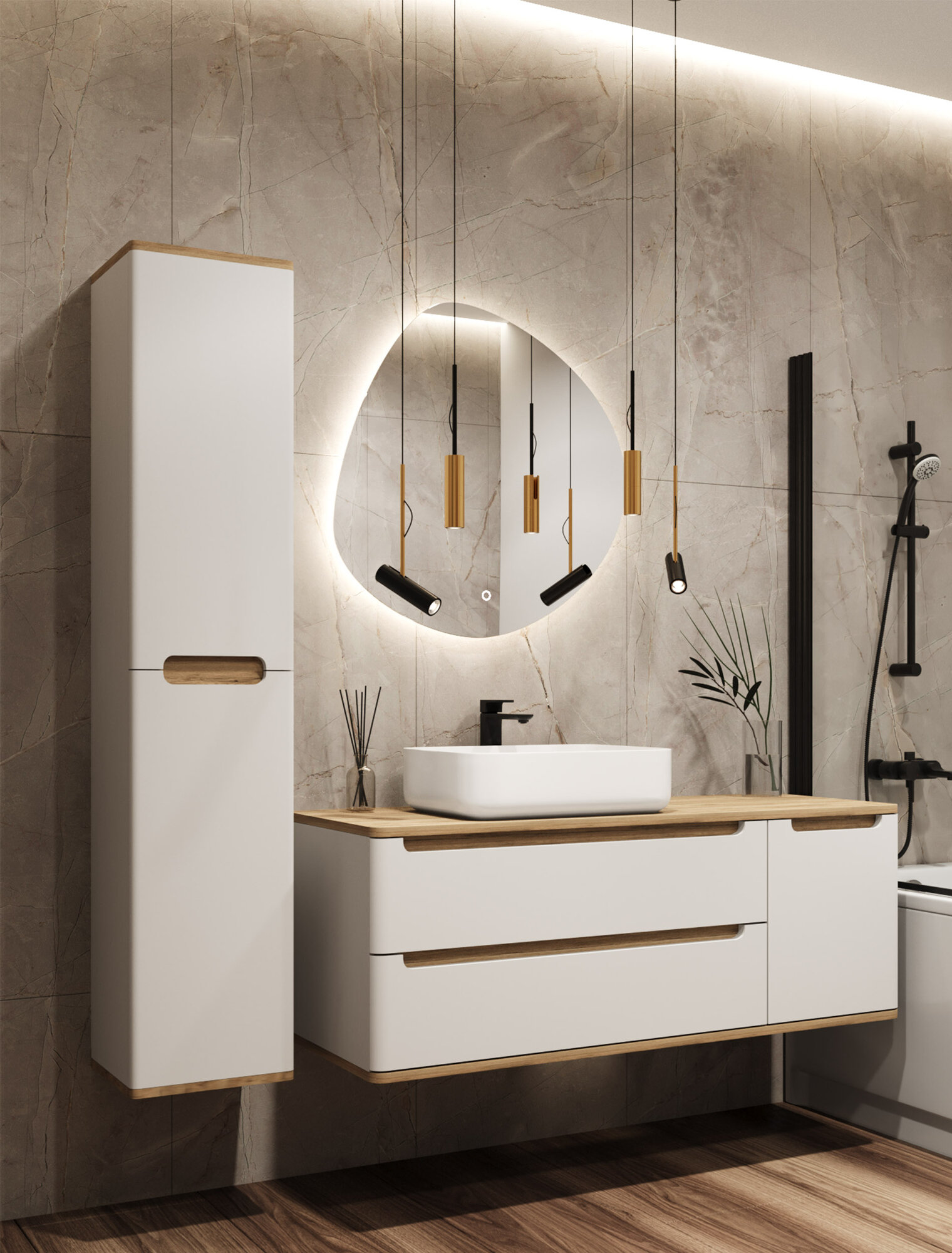 Тумба в Ванную комнату 140 см, подвесная, Дуб/Белый, TYPE002DB