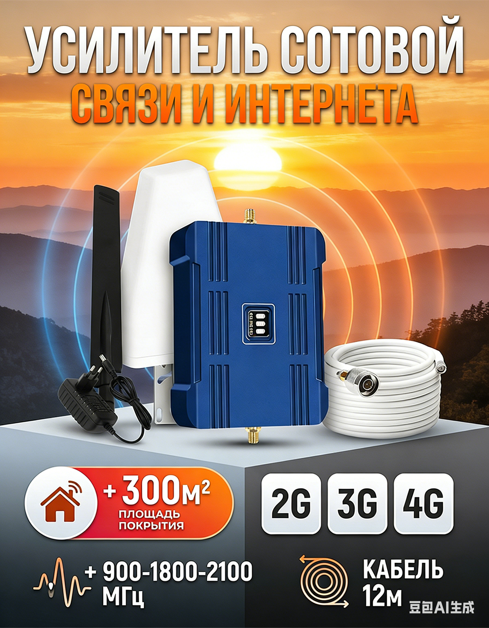 Усилитель сотовой связи 900/1800/2100 МГц (2G/3G/4G): до 70 км, направленный, синий, 1.3 кг