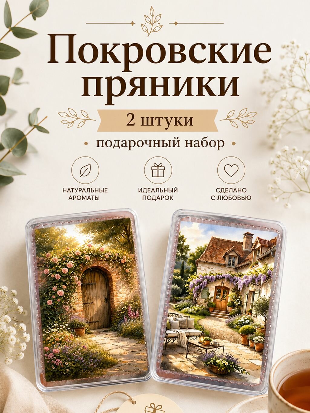 Подарочный набор покровских пряников 2 шт по 140 гр "Белый коттедж" и "Таинственный сад"