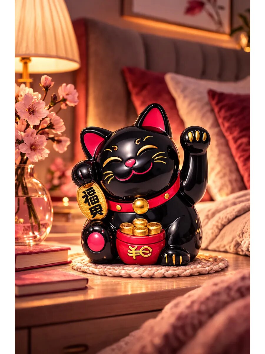 Кот удачи черный талисман богатства машущая кошка, для дома, в подарок