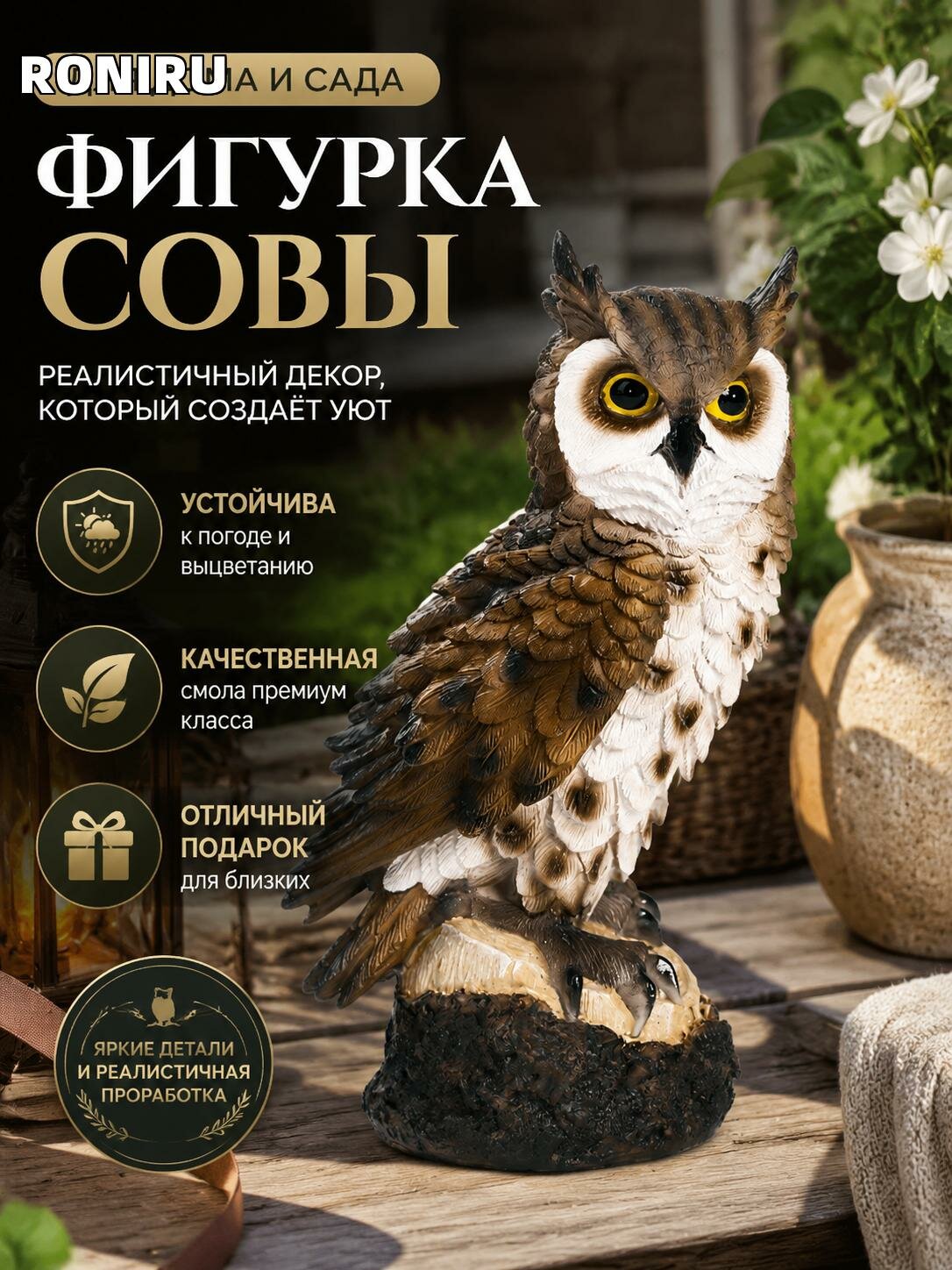 Фигурка совы из смолы для дома и сада — реалистичный яркий декор для интерьера, террасы и подарка в ярких цветах