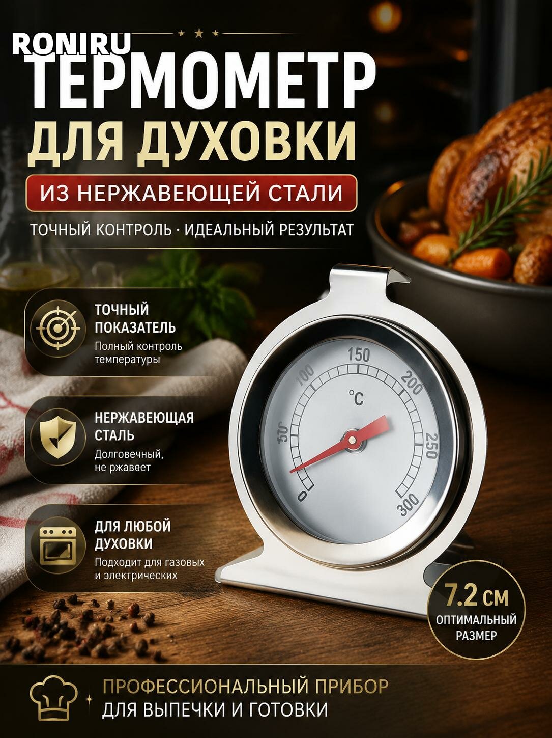 Термометр для духовки из нержавеющей стали 7.2 см - точный прибор для выпечки и готовки, профессиональный на кухню