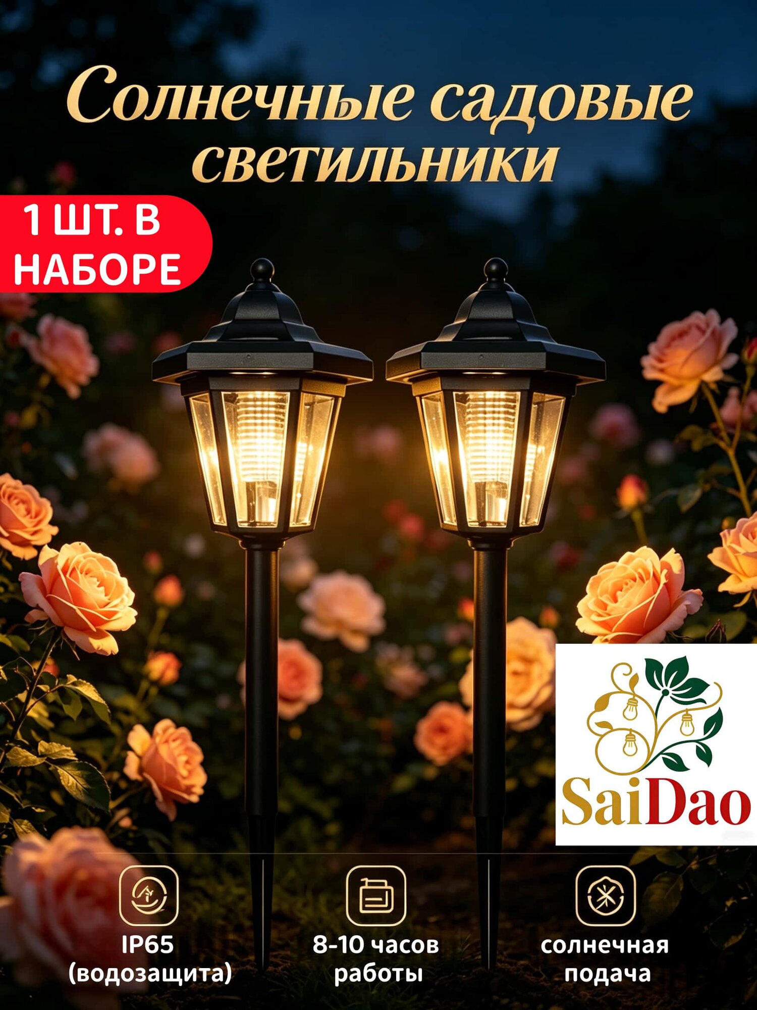 Уличный светильник "Солнечный", на солнечной батарее, 1 лампа