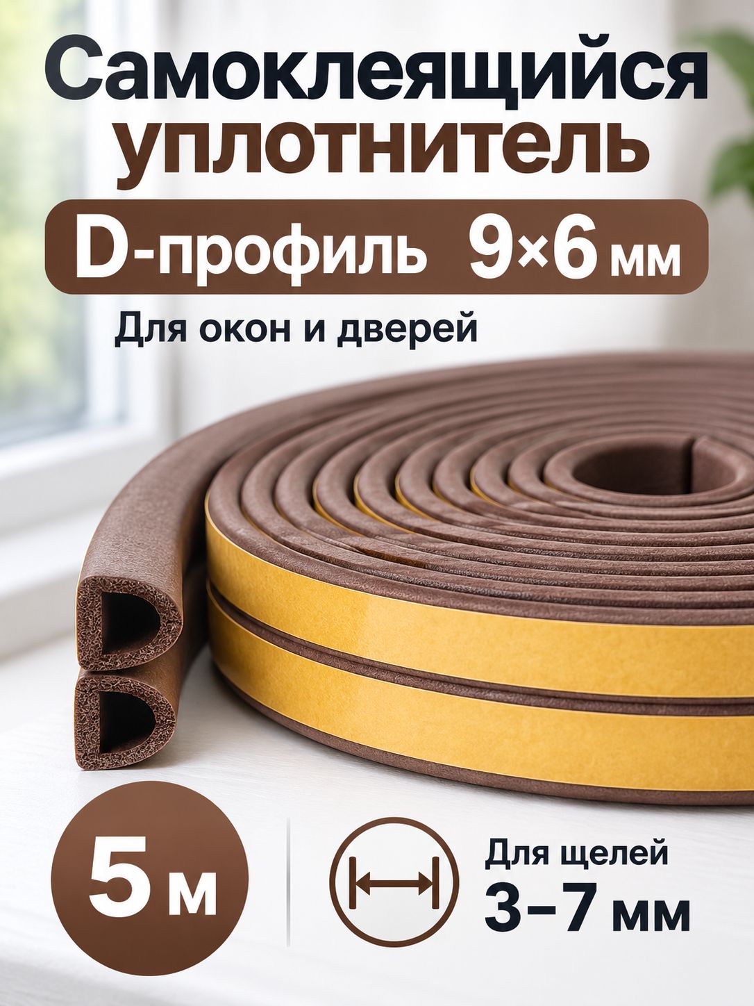 Самоклеящийся уплотнитель для окон и дверей, D-профиль 9-6 мм, 5 м