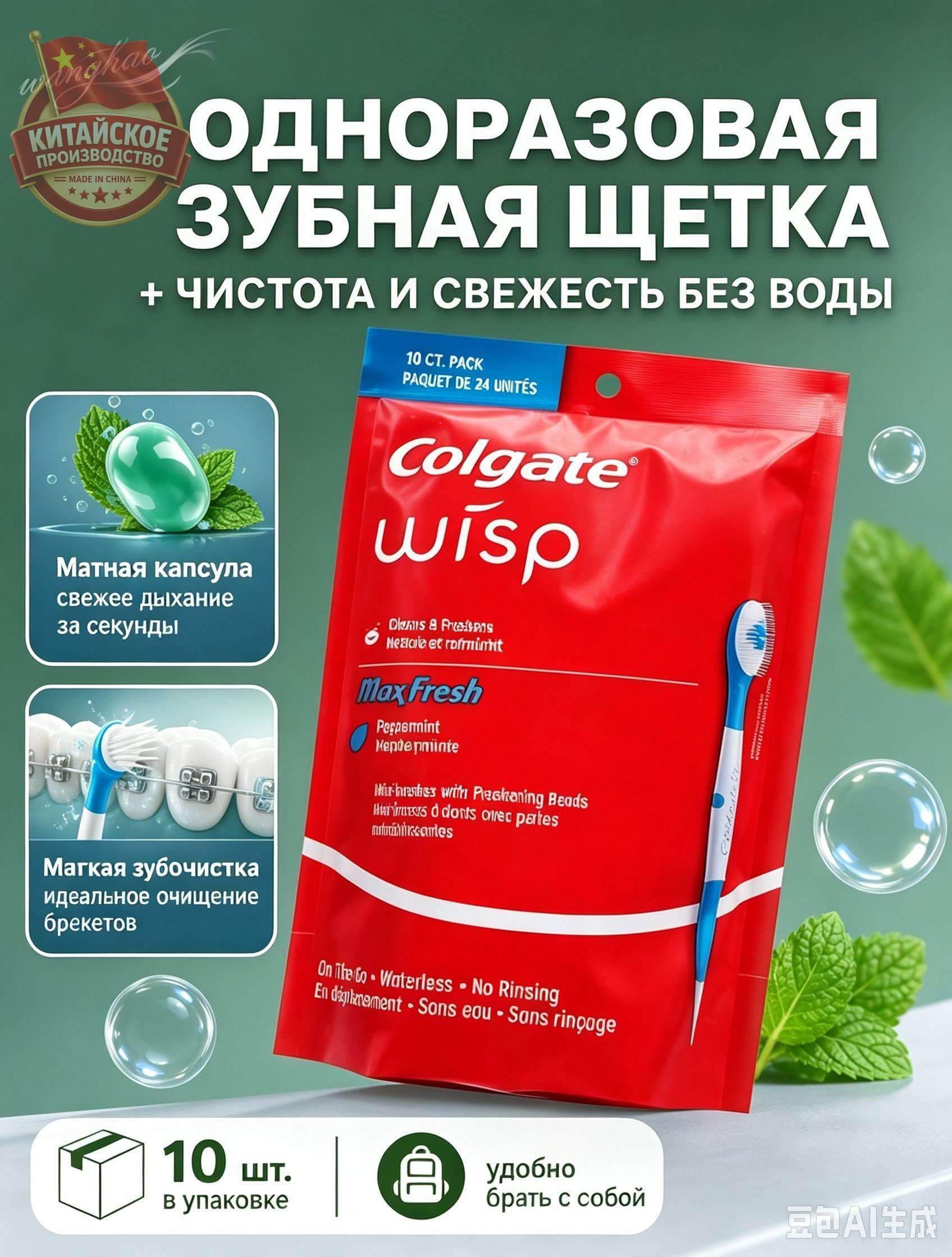 Одноразовая мини-зубная щетка, с мятной капсулой-ZSH01, дорожная без воды и полоскания для путешествий брекетов и офиса 10 шт.