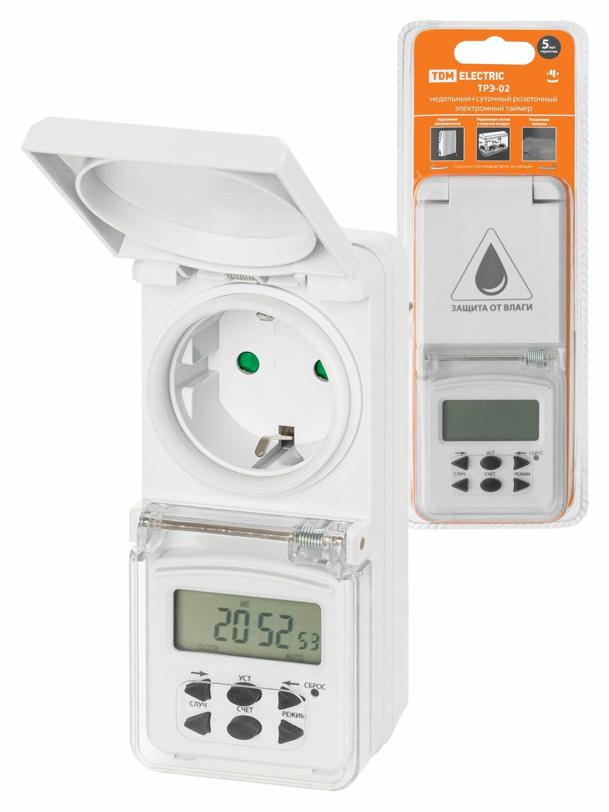 Таймер розеточный ТРЭ-02-1мин/7дн-10on/off-8А-IP44 (недельный, защита от влаги) TDM