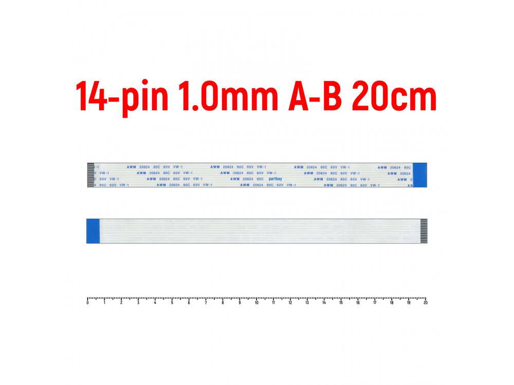 Шлейф FFC 14-pin Шаг 1.0mm Длина 20cm Обратный A-B AWM 20624 80C 60V VW-1