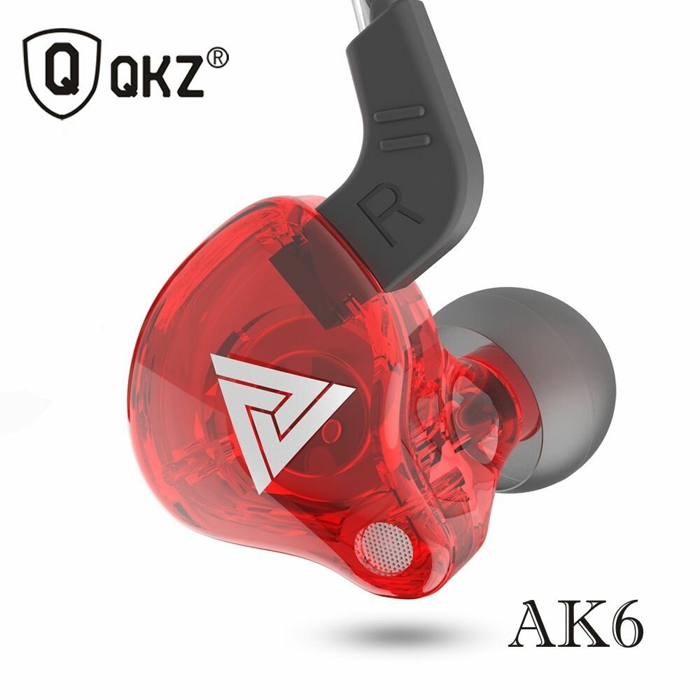 HiFi наушники QKZ AK6 спортивные проводные с микрофоном для телефона вакуумные мощные басы, цвет красные