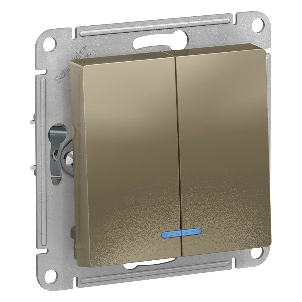 Выключатель Systeme Electric "AtlasDesign", 2 клавиши, 10 А, IP20, 10AX, с подсветкой, механизм, цвет Шампань