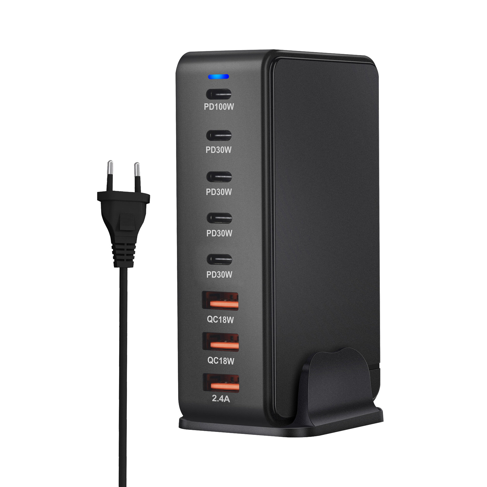 268 Вт адаптер GaN PD с 8-портовым USB-C, стандартом EU, черный цвет