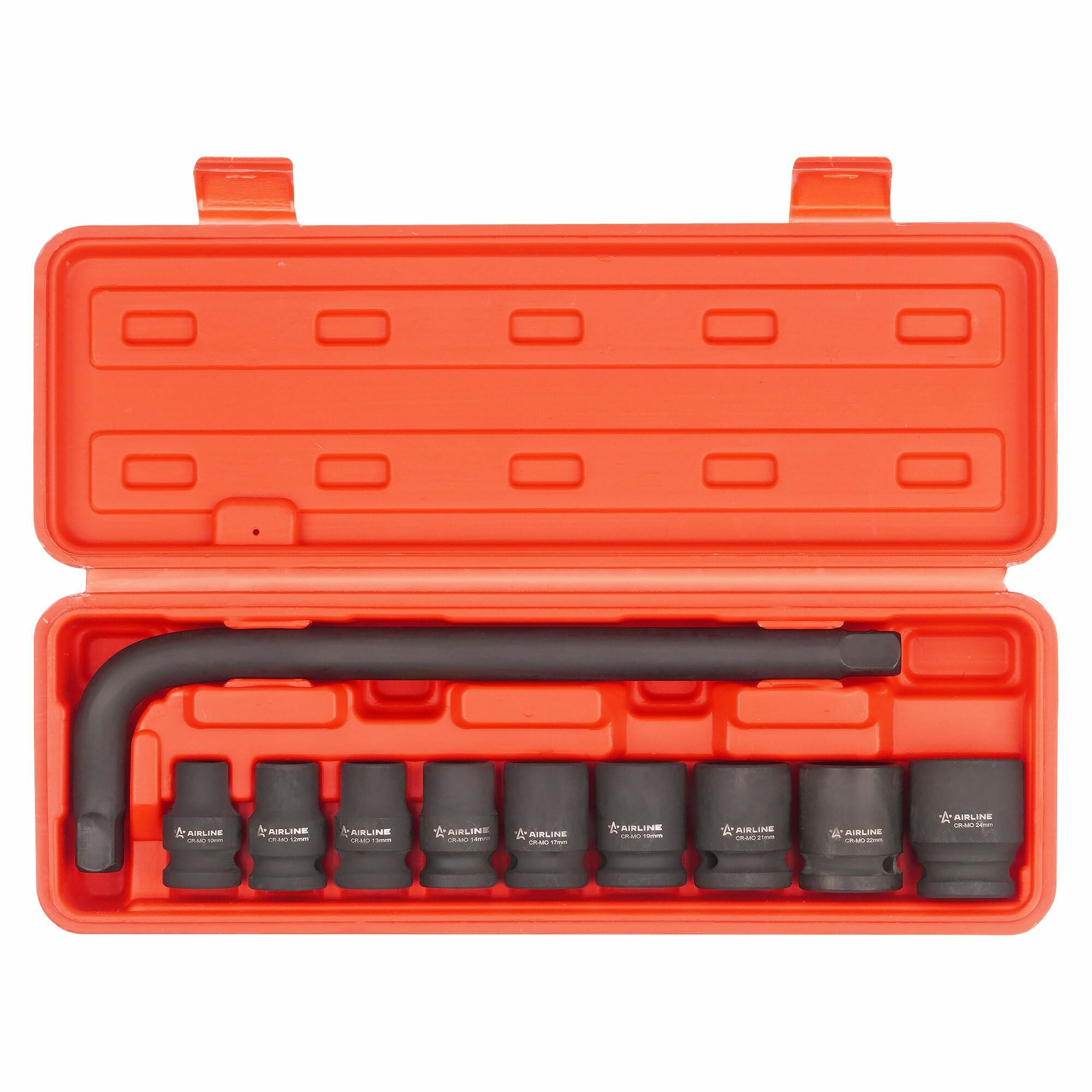 Набор головок ударных 1/2" 38 мм, 10 предметов (10-24 мм, Г-вороток), кейс, Airline ATAS070