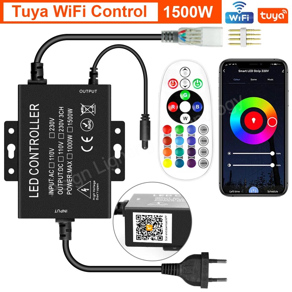 Tuya Smart RGB Контроллер 220В для светодиодной ленты Черный, Tuya WiFi 1500W