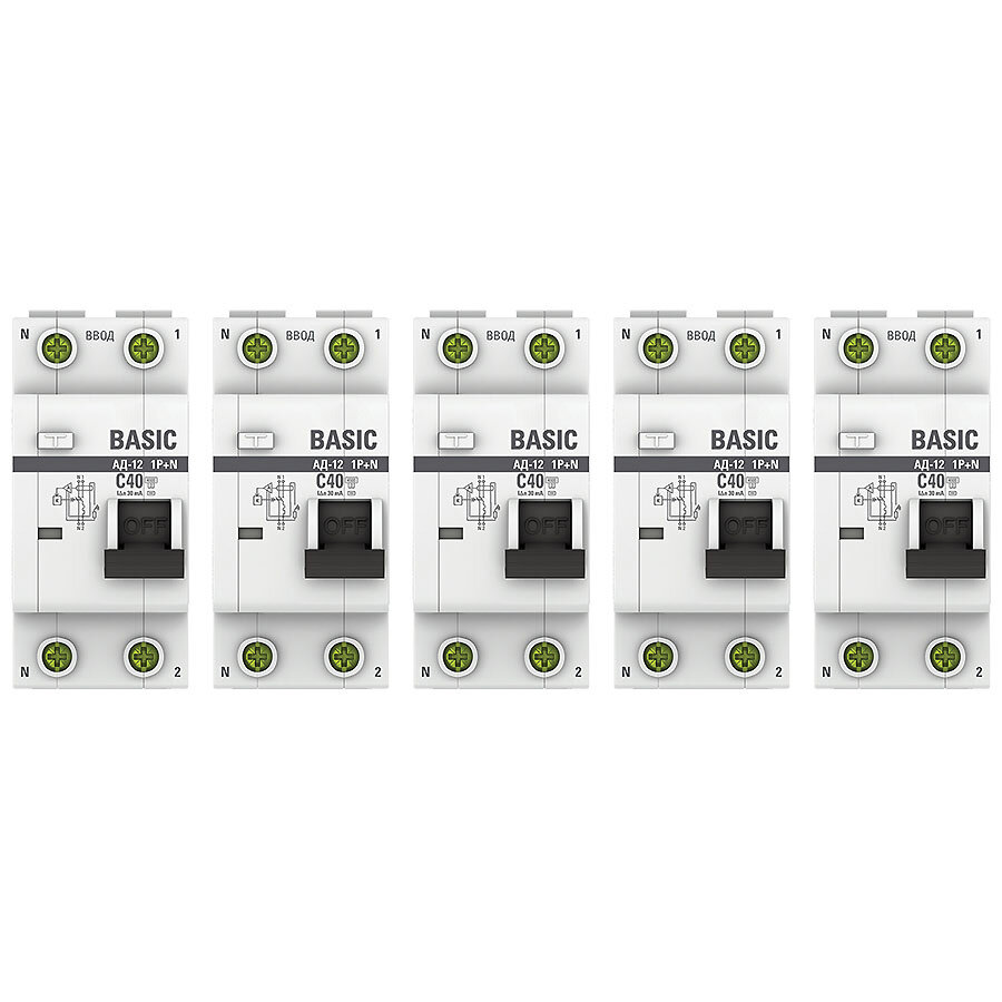Автомат дифференциальный EKF Basic АД-12 40А 30 мА 1P+N тип АС 4,5 кА (DA12-40-30-bas) (5 шт.)