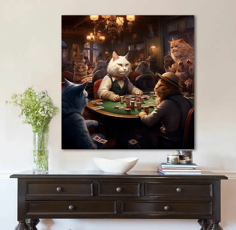 Картина ВсеКартины. Тут "Коты играют в покер", на холсте, на деревянном подрамнике, 50x50 см