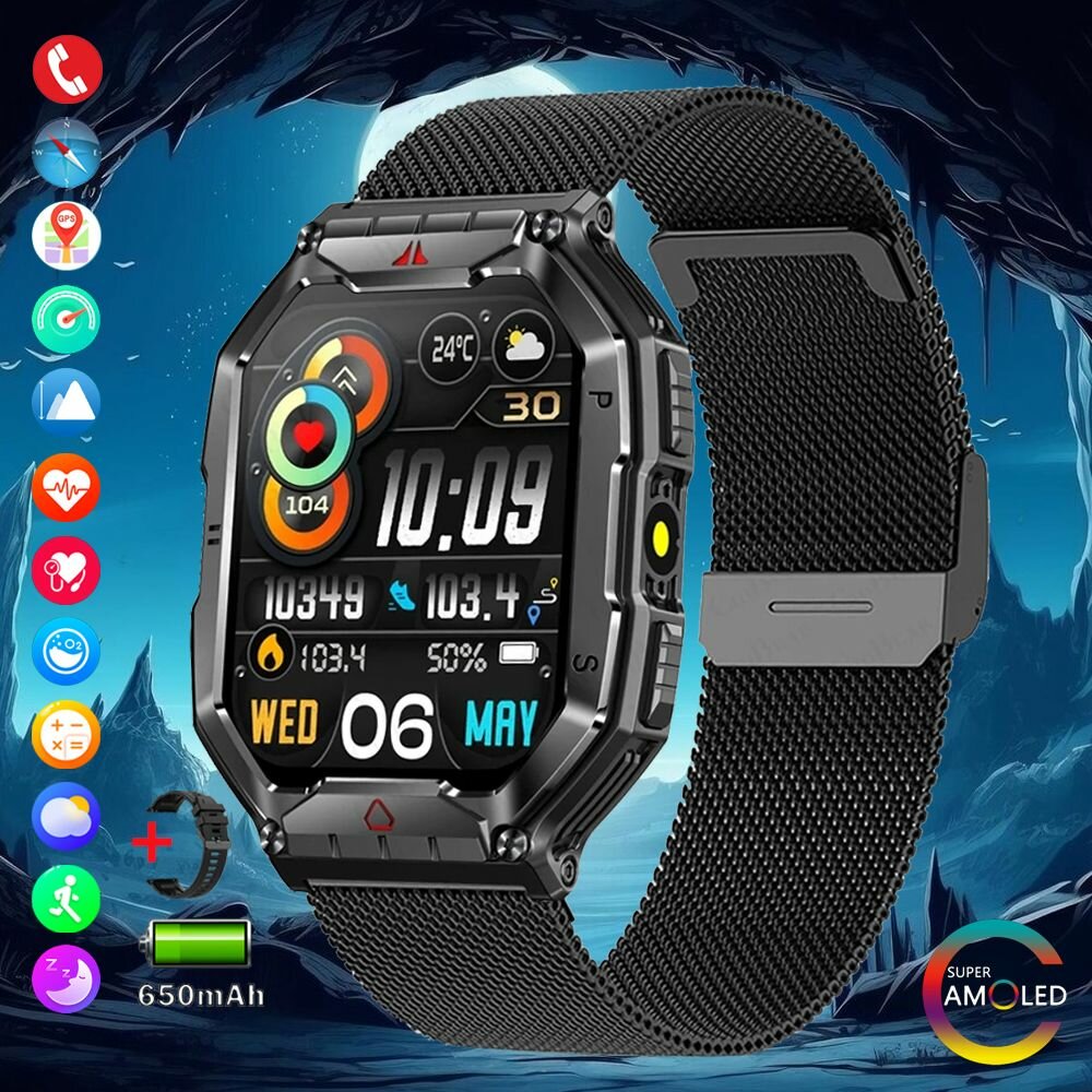 Cмарт часы мужские водонепроницаемые, фитнес трекер, amoled, умные часы с функцией вызова по Bluetooth, с калькулятором, Светодиодный фонарик