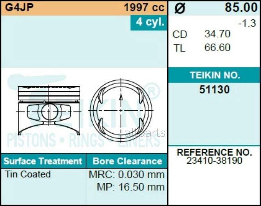 TEIKIN 51130 050 Поршни (к-т 4 шт) 050 HYUNDAI SANTA FE 00-06 G4JP V2,0