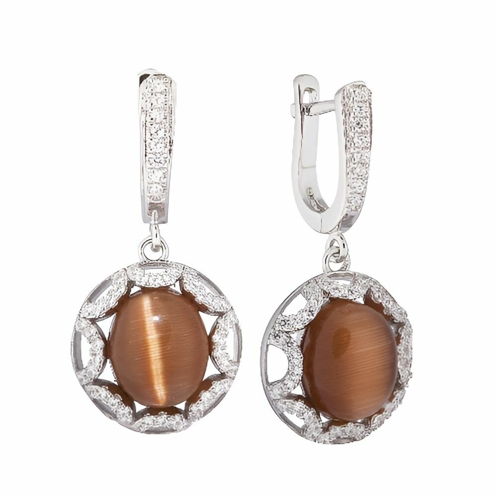 Набор серег, серебро, 925 проба, родирование, циркон, кошачий глаз