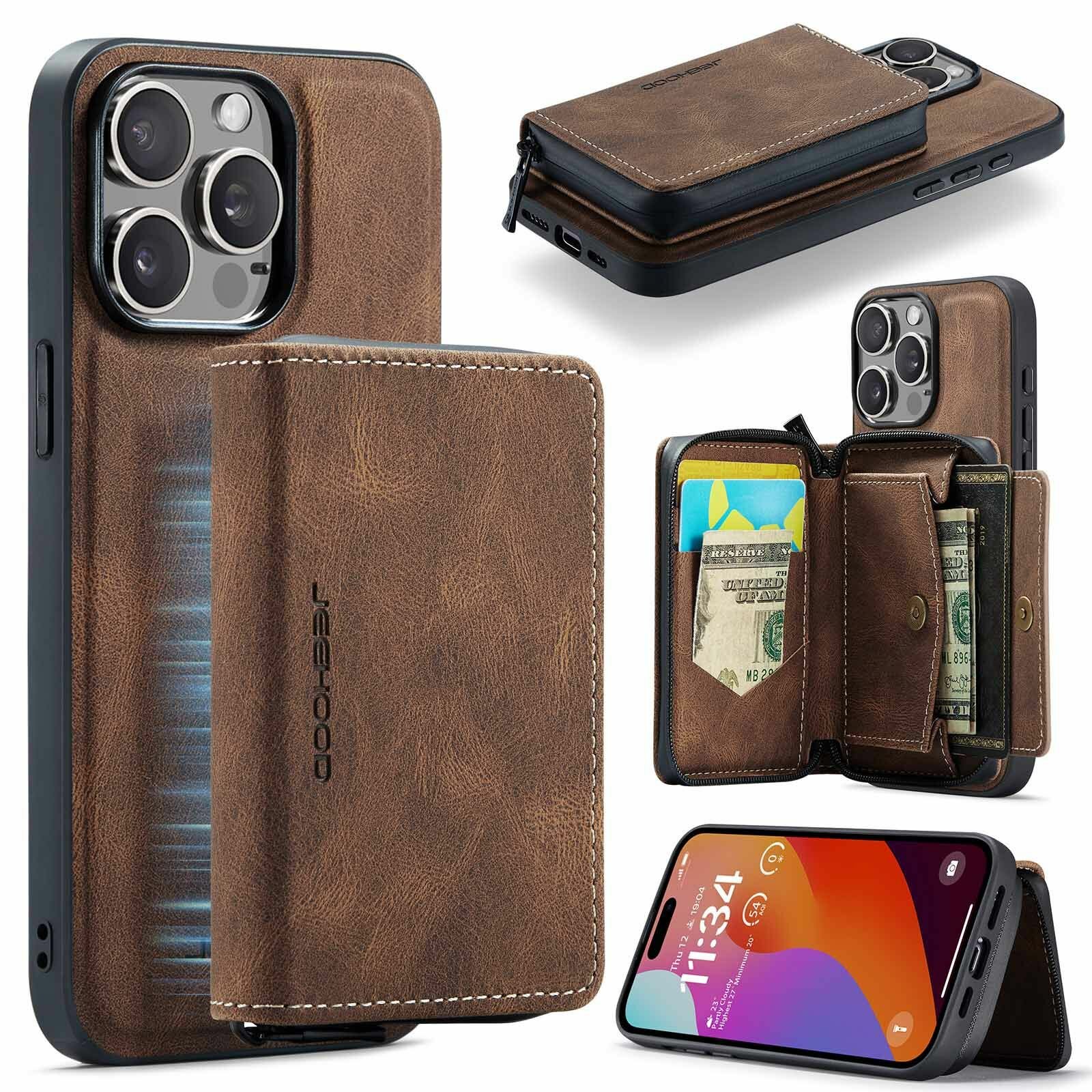 JEEHOOD Тонкий кожаный чехол для Apple iPhone 15 Pro (Эпл Айфон 15 Про), защитный чехол для телефона, съемный чехол-кошелек с карманом