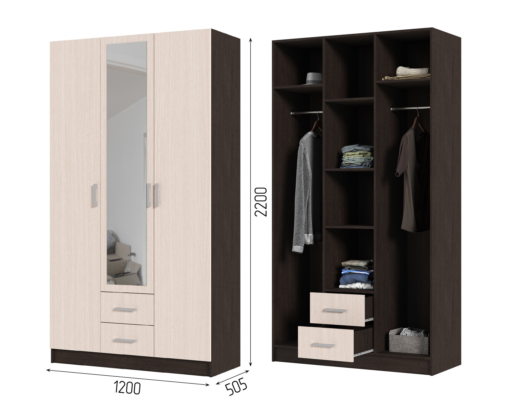 Шкаф 3х створчатый гармония ШК 601 М (1,2х2,2х0,5) цвет Венге-Дуб молочный Стендмебель