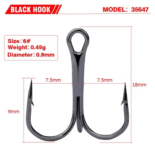 Тройной крючок Black Hook 6#, черный, 0.45g, 35647