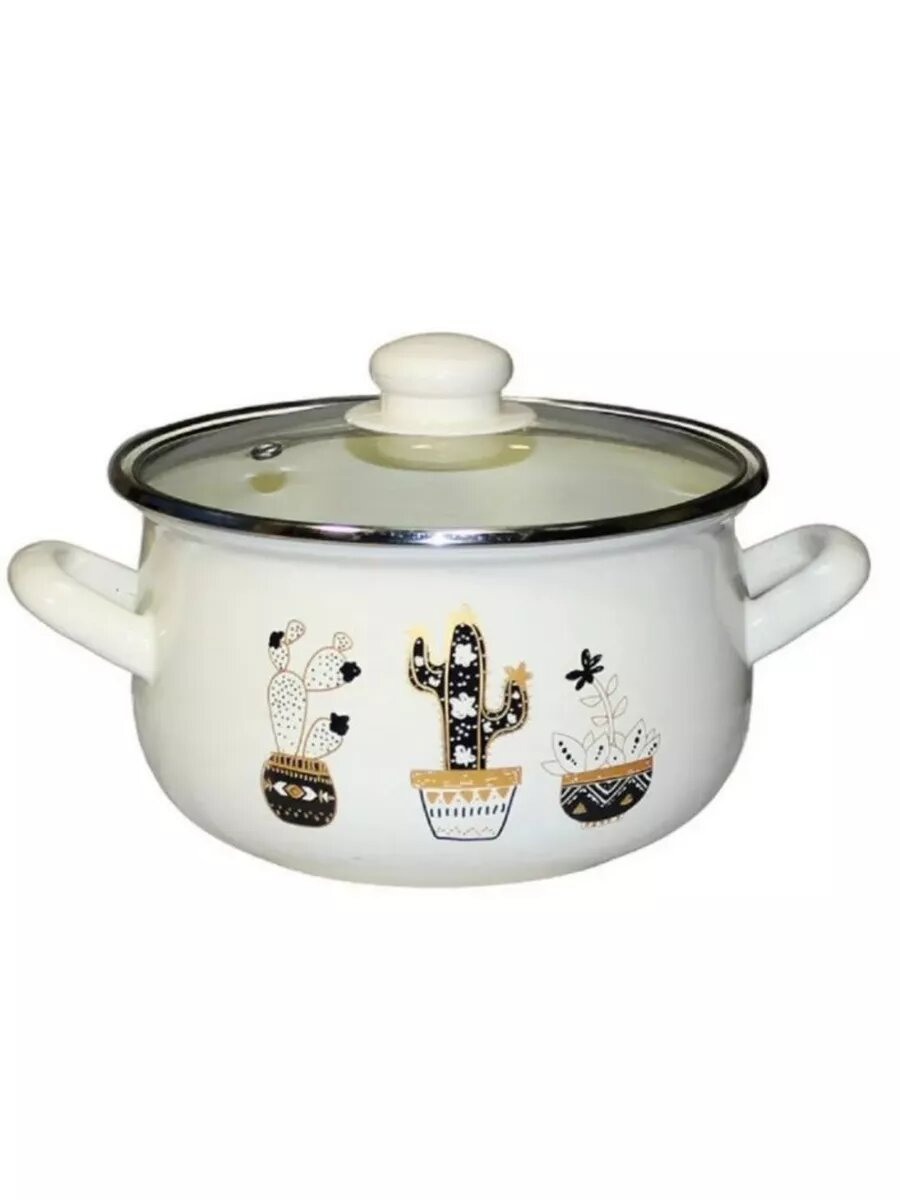 Кастрюля эмалированная с крышкой INTEROS Кактусы белые 5,1л с/к 4015А