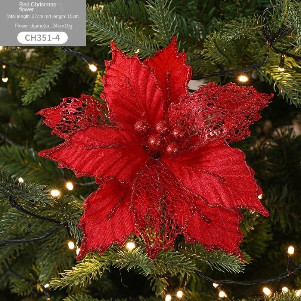 Искусственный блестящий цветок poinsettia 24 см Красный, Red
