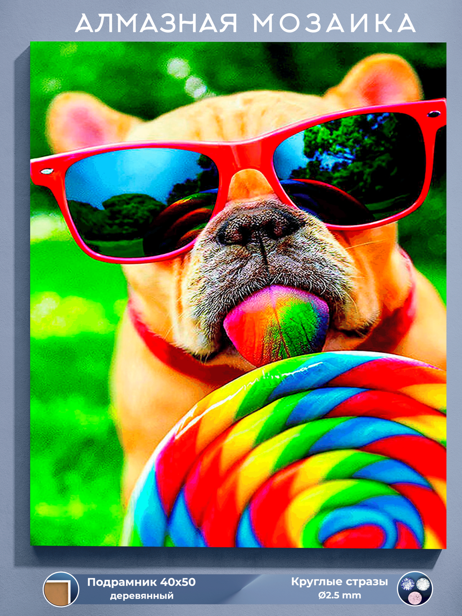 Алмазная мозаика на подрамнике 40х50 Французский бульдог в очках / Картина стразами