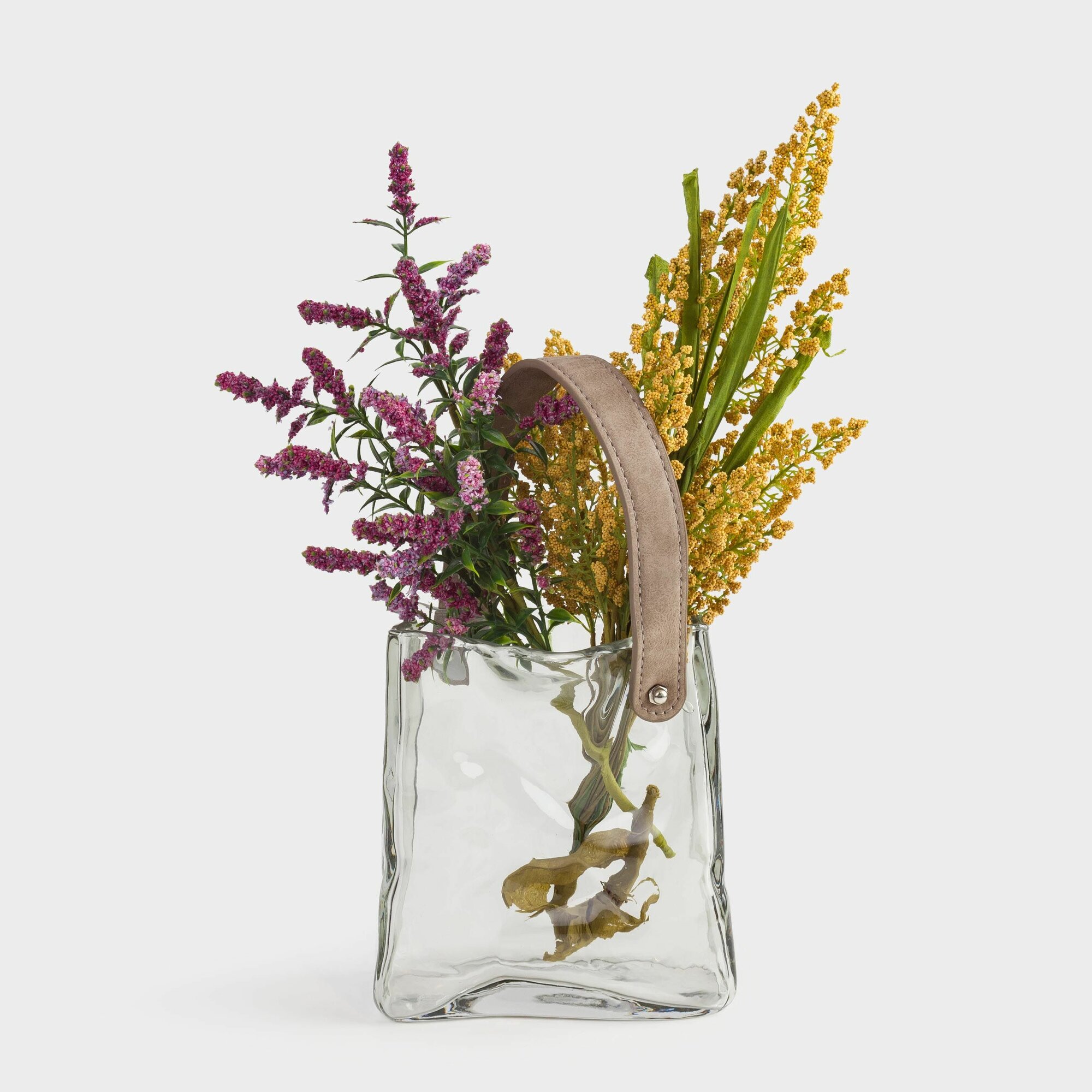 Ваза для цветов, 17 см, декоративная, с ручкой, стекло/полиуретан, серая, Сумка, Crumple color