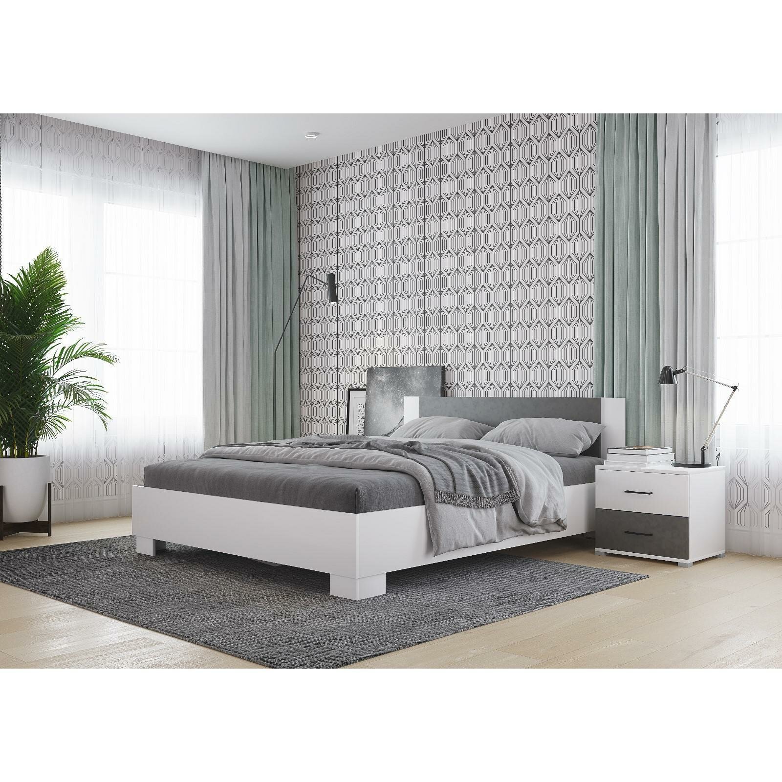 Кровать двуспальная Nova, 1634×2058×785 мм, спальное место 1600×2000 мм, цвет белый/ бетон