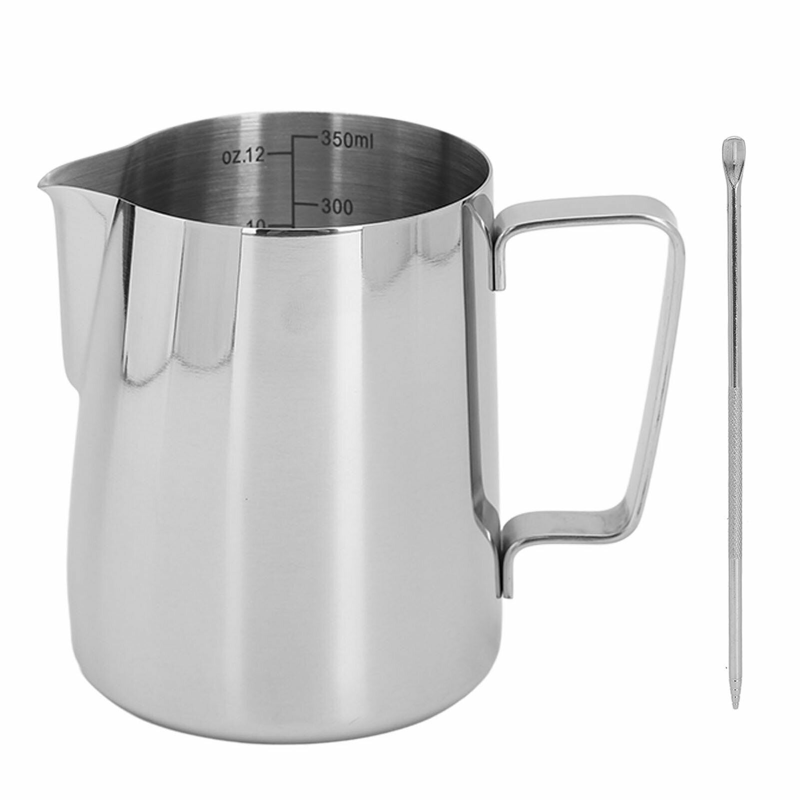 Кувшин для вспенивания молока с ручкой для латте, глянцевая серебристая нержавеющая сталь 304, внутренняя шкала, чашка для сливок для молока, дымящийся кофе, 350 мл