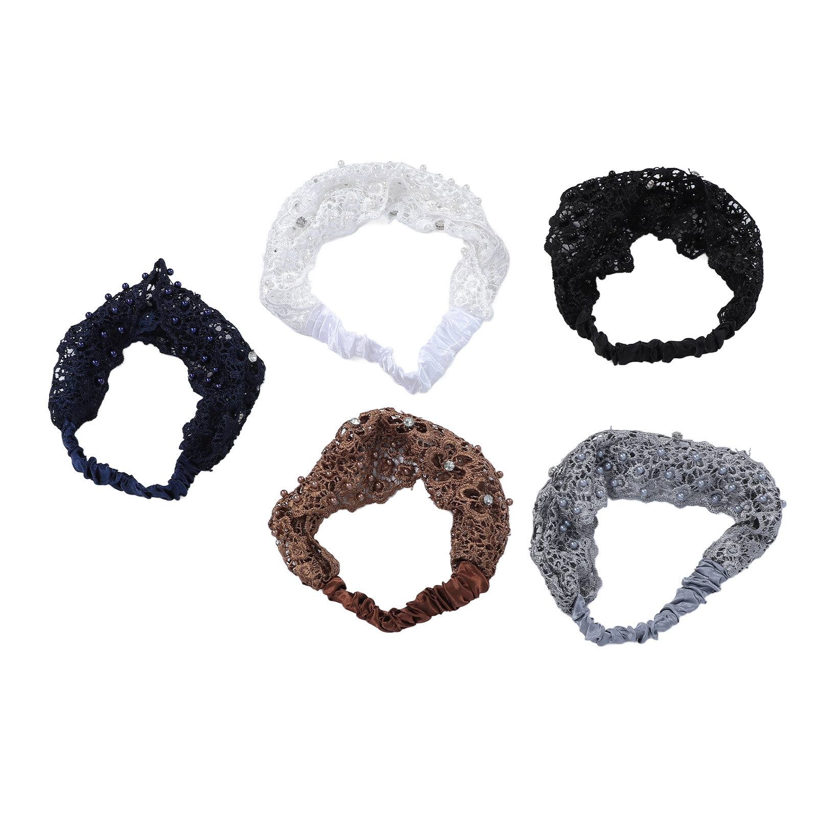 Женские повязки на голову из цветочного кружева. Набор из 5 широких эластичных повязок на голову с жемчужной отделкой. Элегантные аксессуары для волос, повязки и ободки для женщин