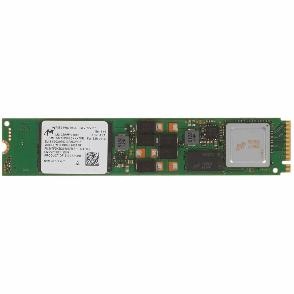 Внутренний SSD-накопитель Micron SSD 7450 PRO, 960GB, M.2(22x110mm), NVMe, PCIe 4.0 x4, 3D TLC, R/W 5000/1400MB/s, IOPs 520 000/82 000, TBW 1700, DWPD 1