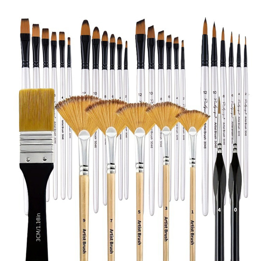 32 Pcs Paint Brushes для акварели и гуаша с нейлоновыми щетинами и березовыми ручками, формы: круглая, филберт, плоская, веерная, угловая, тонкая детальная, для начинающих студентов художников, набор для рисования, 32pcs(White), 32pcs(Wood color),