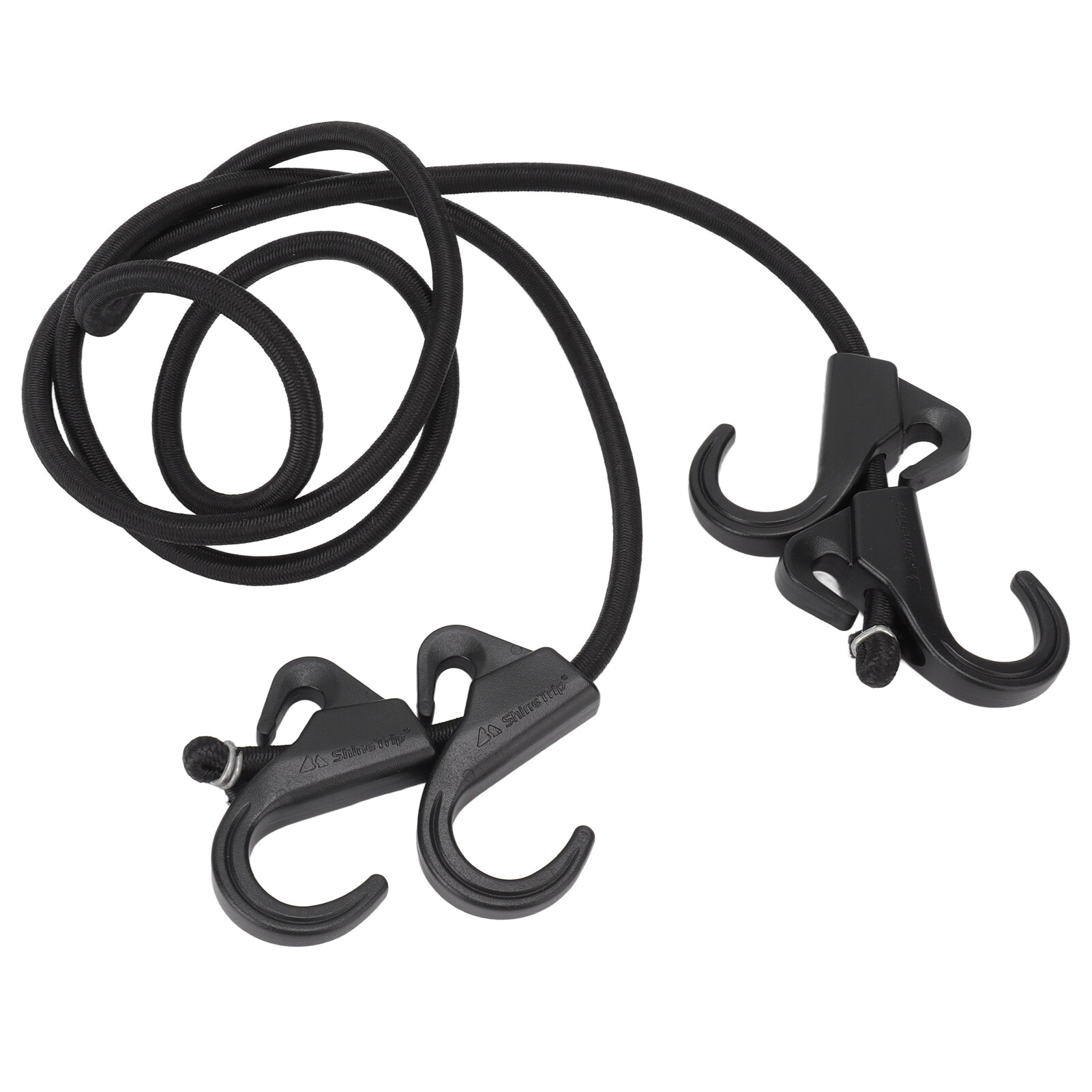 Кемпинговый веревочный ремень из УФ-стойкого полиоксиметилена (POM) с черными крючками и функциональными эластичными шнурами для связывания багажа.