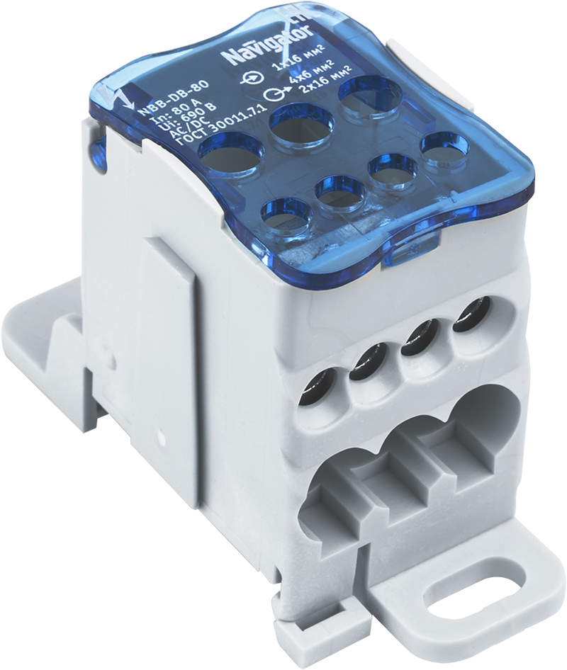 Распределительный блок Navigator / Навигатор NBB-DB-80 крепеж на монтажную плату, DIN-рейку, полиамид серый, 65x30x46мм, сечение 6-16мм2, 1 полюс, 80А / кросс модуль