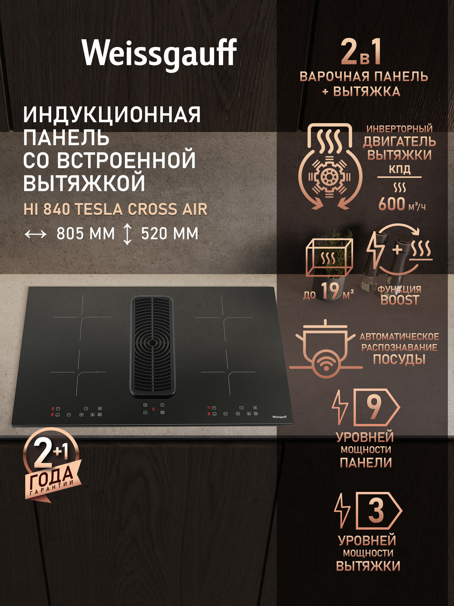 Индукционная варочная панель Weissgauff Weissgauff HI 840 Tesla Cross Air, защитное автоотключение, блокировка от детей