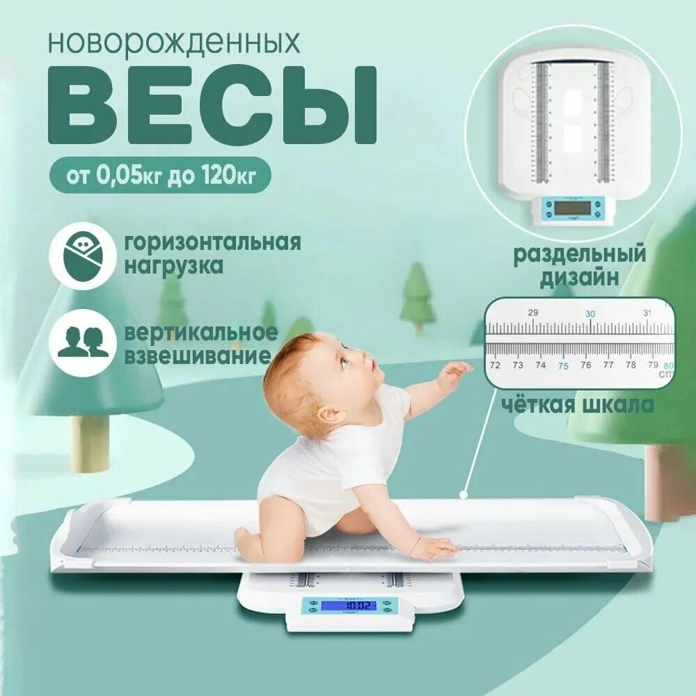 Весы для новорожденных электронные 2в1, весы напольные электронные до 120 кг, Измерение до 80 см, Зарядка через USB или питание от батареек