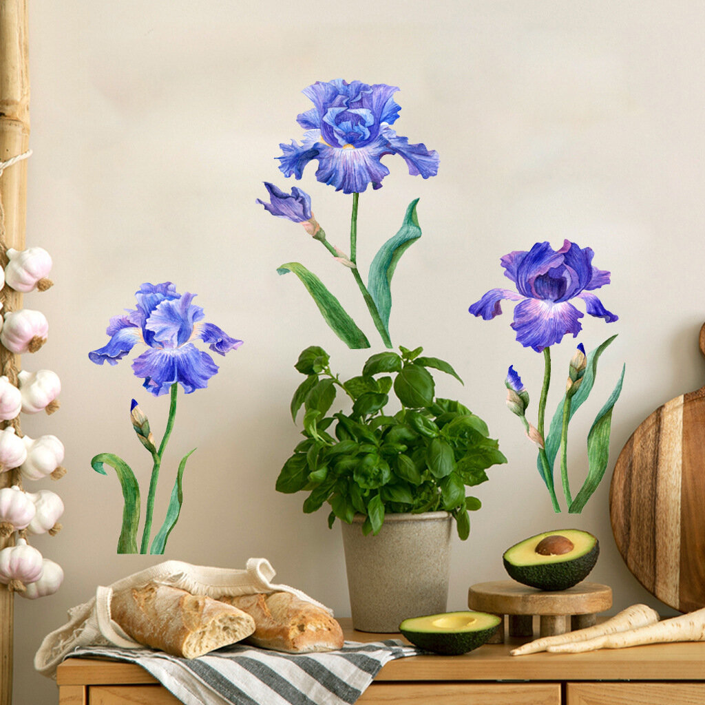 Романтичные настенные наклейки с фиолетовыми ирисами, ПВХ, съемные наклейки для спальни и гостиной, самоклеящийся цветочный декор, 30x60 см